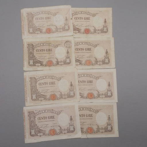 8 Bills Italian Paper Money 100 Lire 1919 1925.