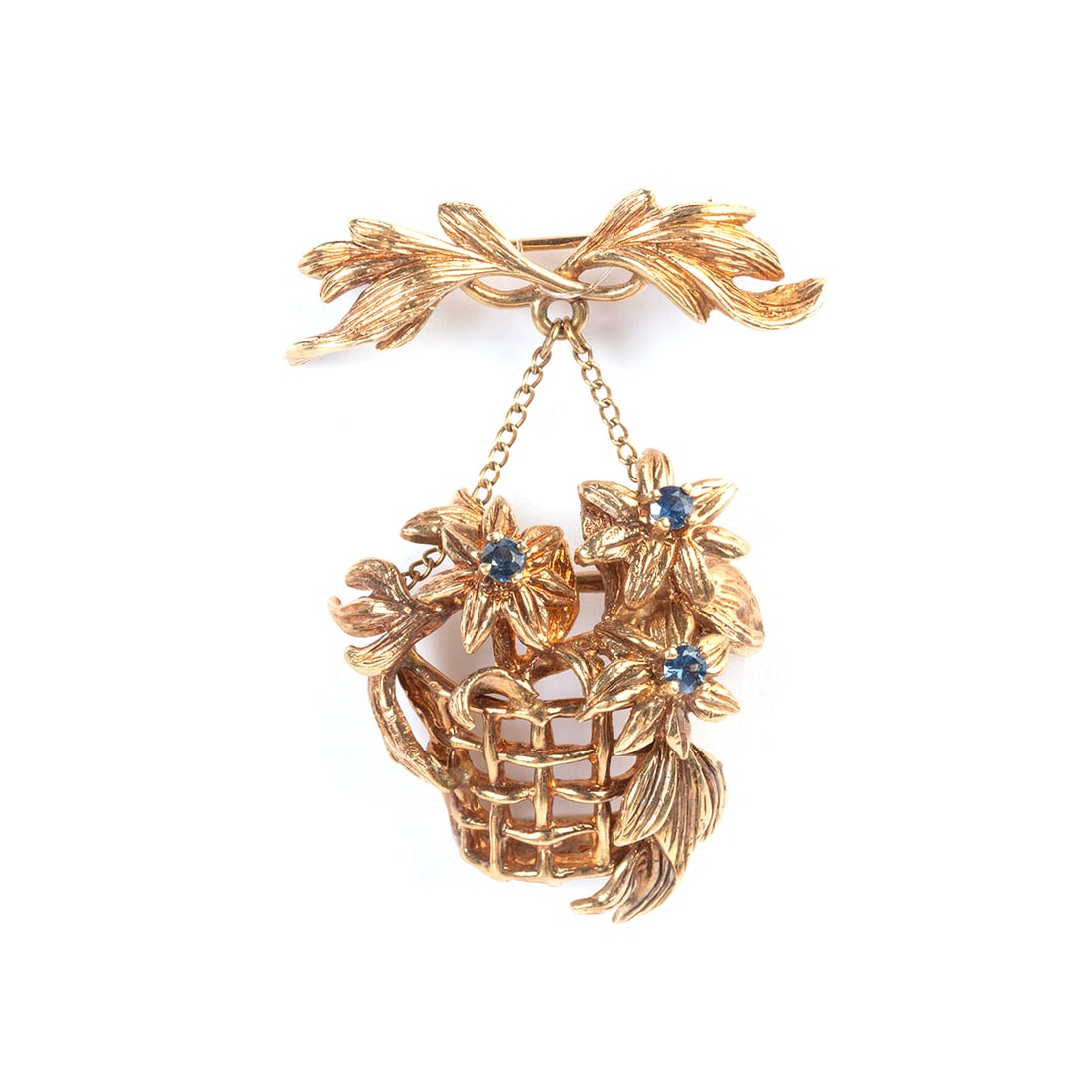 Napier Sapphire, 14k Yellow Gold Flower Basket Brooch. Auction