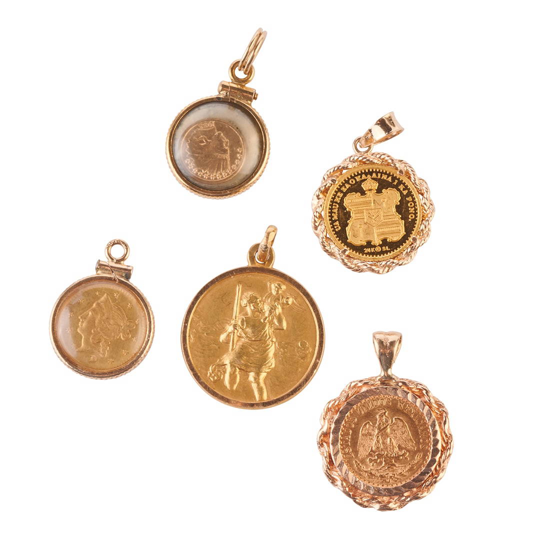 Five Miscellaneous Gold Coin Charms And Pendants. Auction