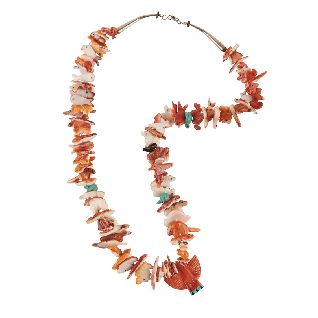 Native American Shell, Turquoise, Silver Necklace. Auction