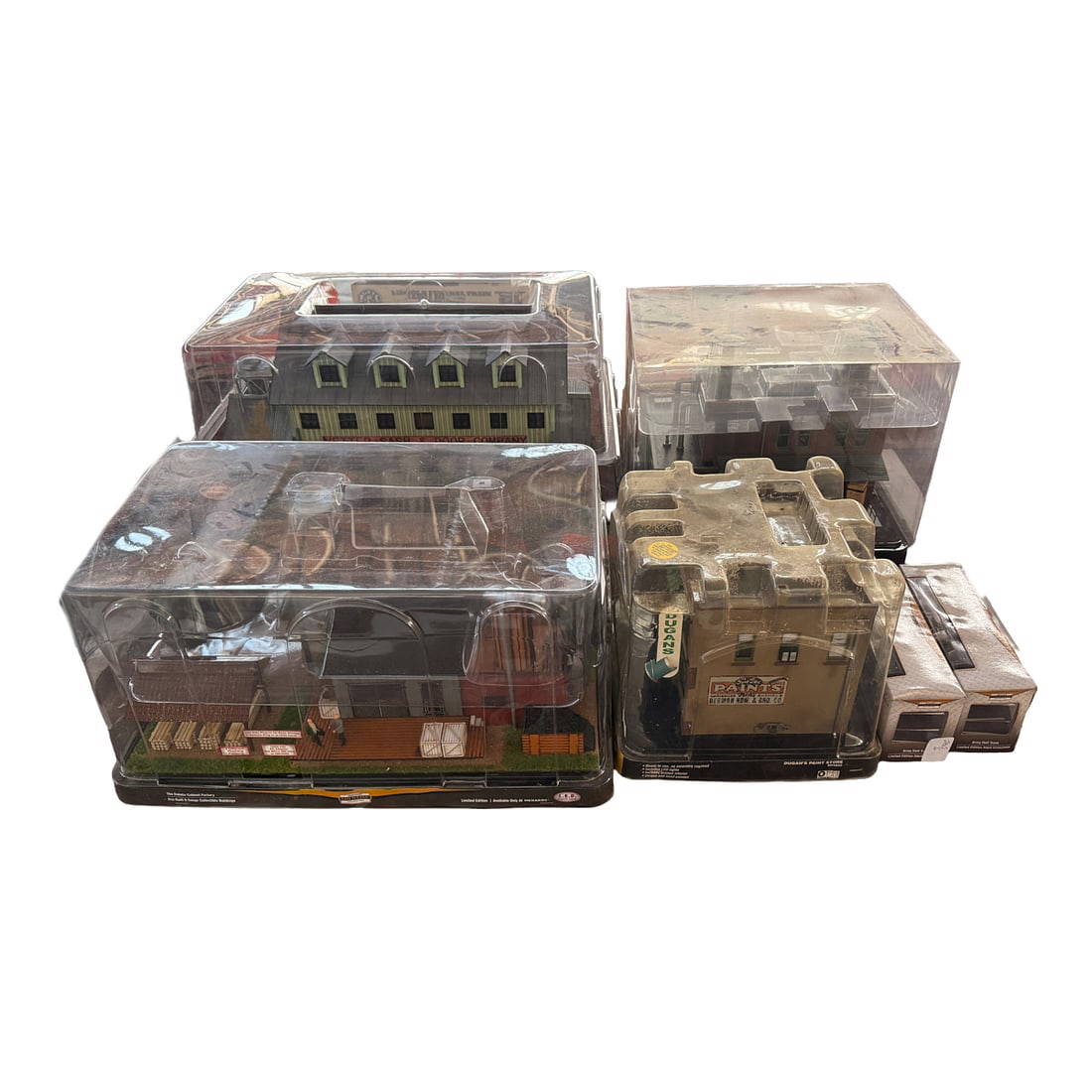 Six Woodlands Scenic And Menards Buildings And Trucks. Auction