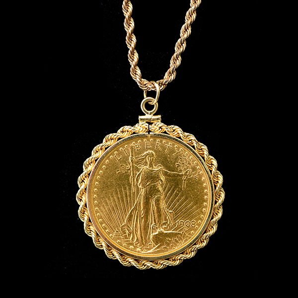 $20 1908 GOLD COIN, 14K GOLD PENDANT NECKLACE.