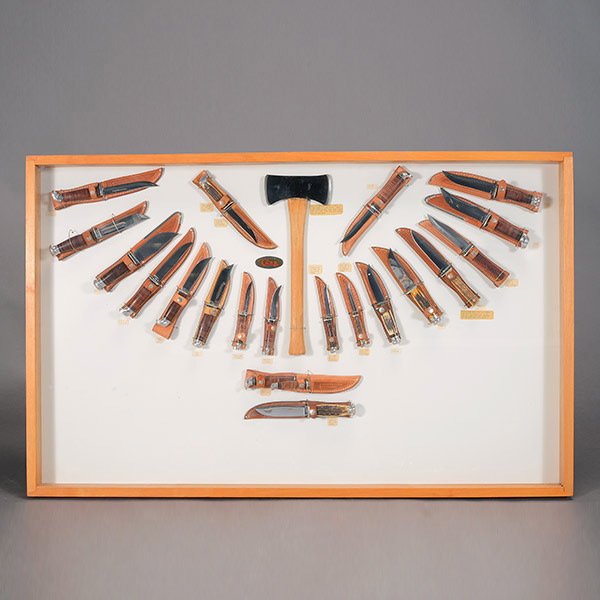 Framed Display Of 20 Case Knives And An Axe.