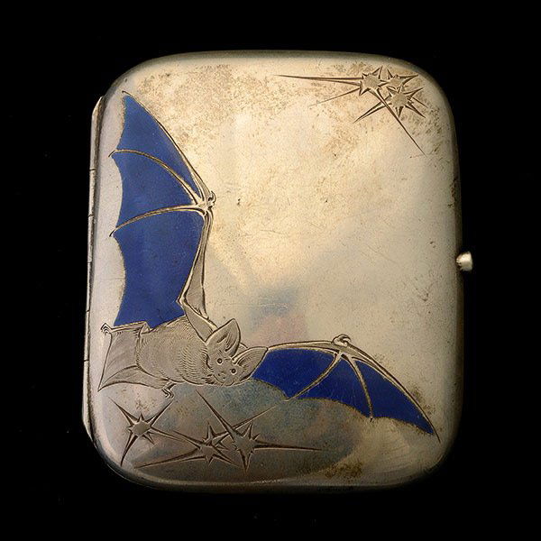 ENAMEL, STERLING SILVER BAT CIGARETTE BOX.