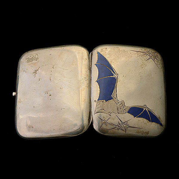 ENAMEL, STERLING SILVER BAT CIGARETTE BOX.