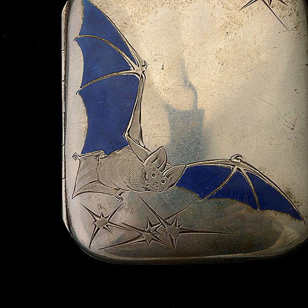 ENAMEL, STERLING SILVER BAT CIGARETTE BOX.