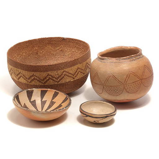 Native American Basket And Three Pottery Vessels