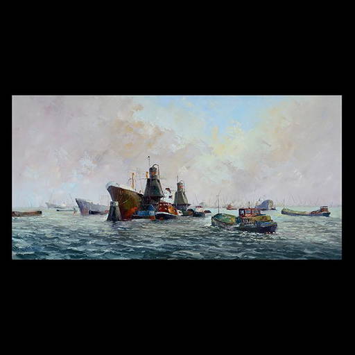 J.h. Stermer "harbor Scene With Boats" Oil On Canvas