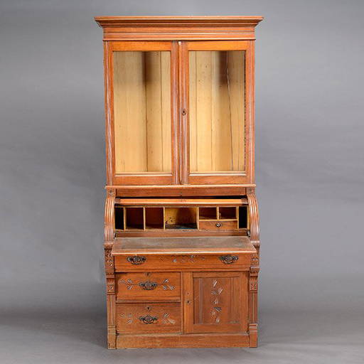 Victorian Eastllake Walnut Barrel Front Secretary