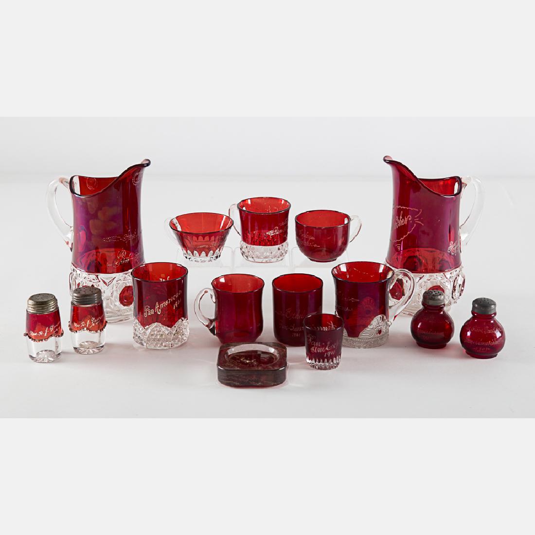 A Group of Fifteen Ruby Stained Glass Decorative and