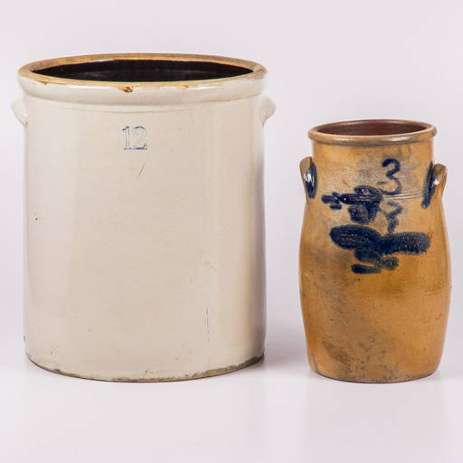 Two American Stoneware Pickling Crocks, 19th Century,