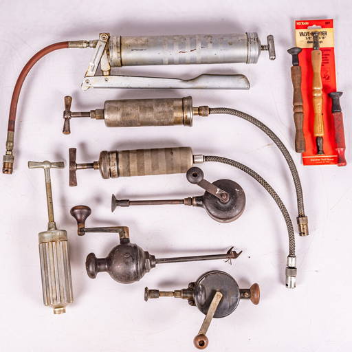Collection Of Vintage Grease Guns And Valve Grinders
