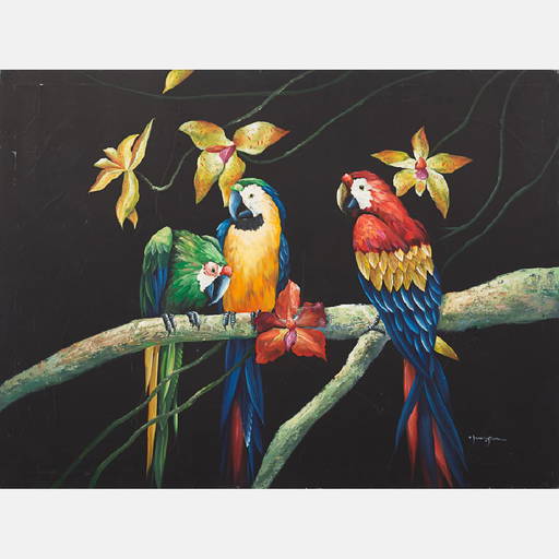Harrington (20th Century) Three Macaws, Acrylic On