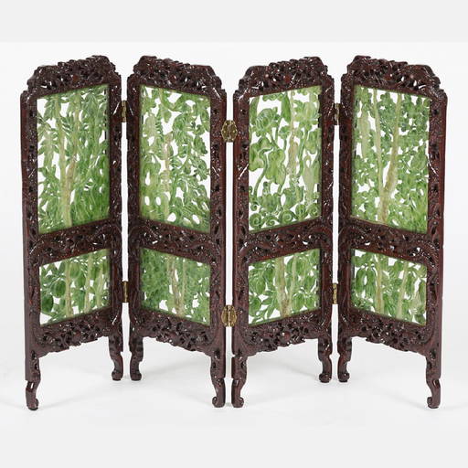 A Chinese Four Panel Jade And Elm Table Screen, 20th