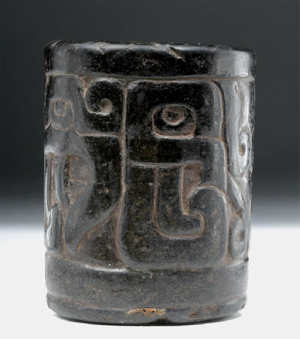 Important Chavin Carved Stone Cup - Feline & Serpent