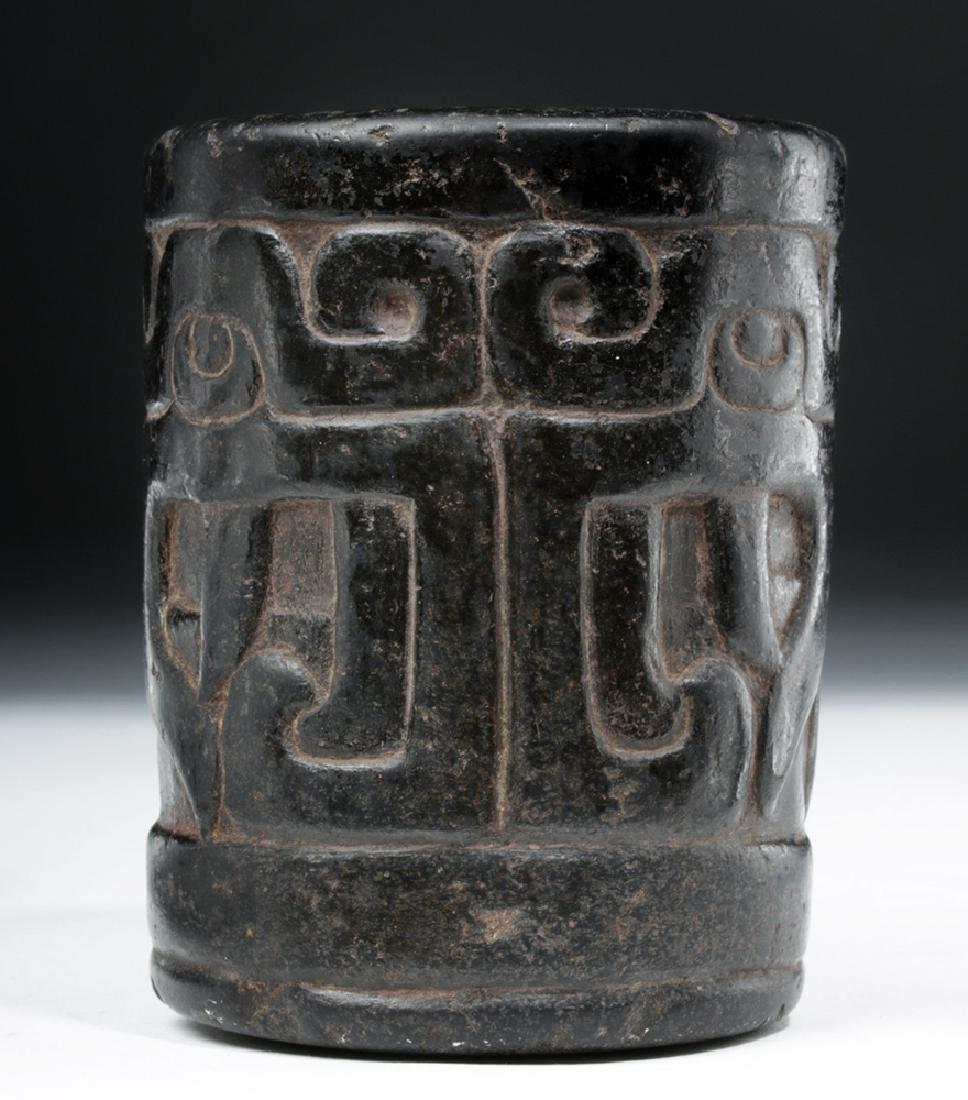 Important Chavin Carved Stone Cup - Feline & Serpent