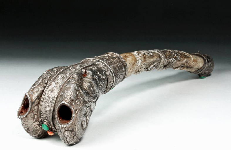 19th C. Tibetan Carved Bone & Silver Trumpet Kangling