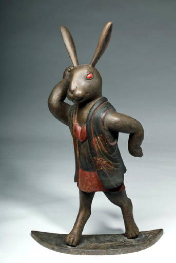 19th C. Japanese Meiji Lacquered / Painted Wood Rabbit