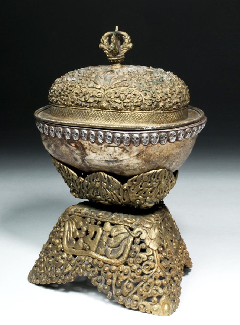 19th C. Tibetan Brass Kapala and Original Stand