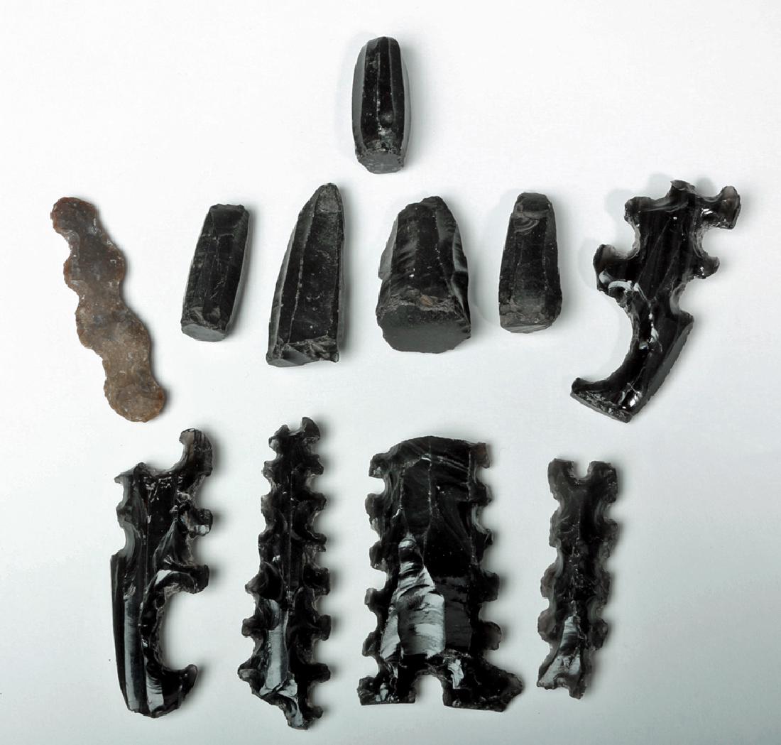 Ten Mayan Obsidian & One Chert Eccentrics and Cores