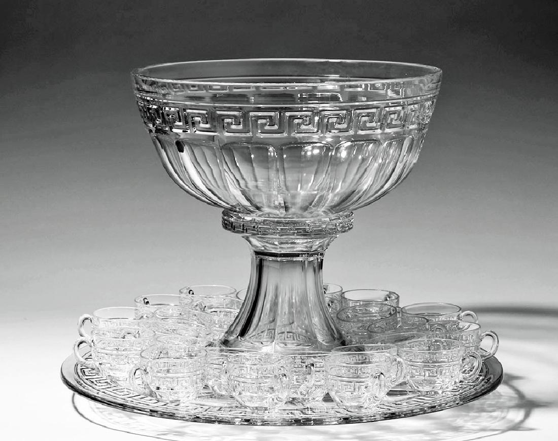Antique Heisey Glass Punch Bowl Set, Greek Key 27 Pcs
