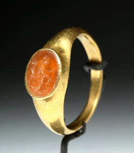 Ancient Greek Orange Glass Intaglio With Sea Animal