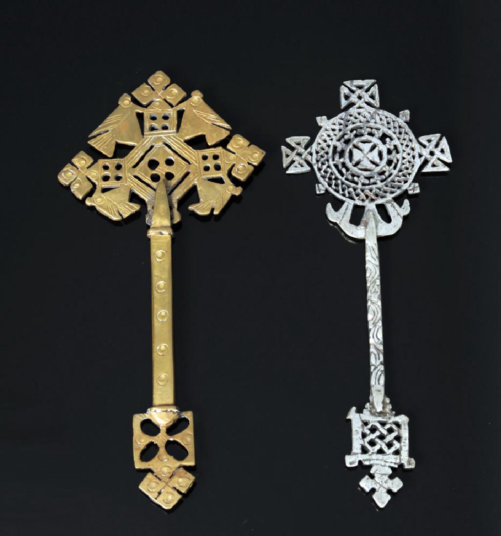Pair 20th C Ethiopian Coptic Metal Processional Crosses