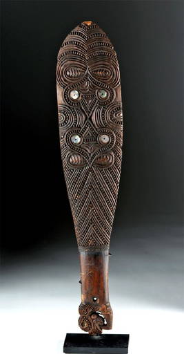 Early 20th C. Maori Patu Wood War Club With Shell Inlay