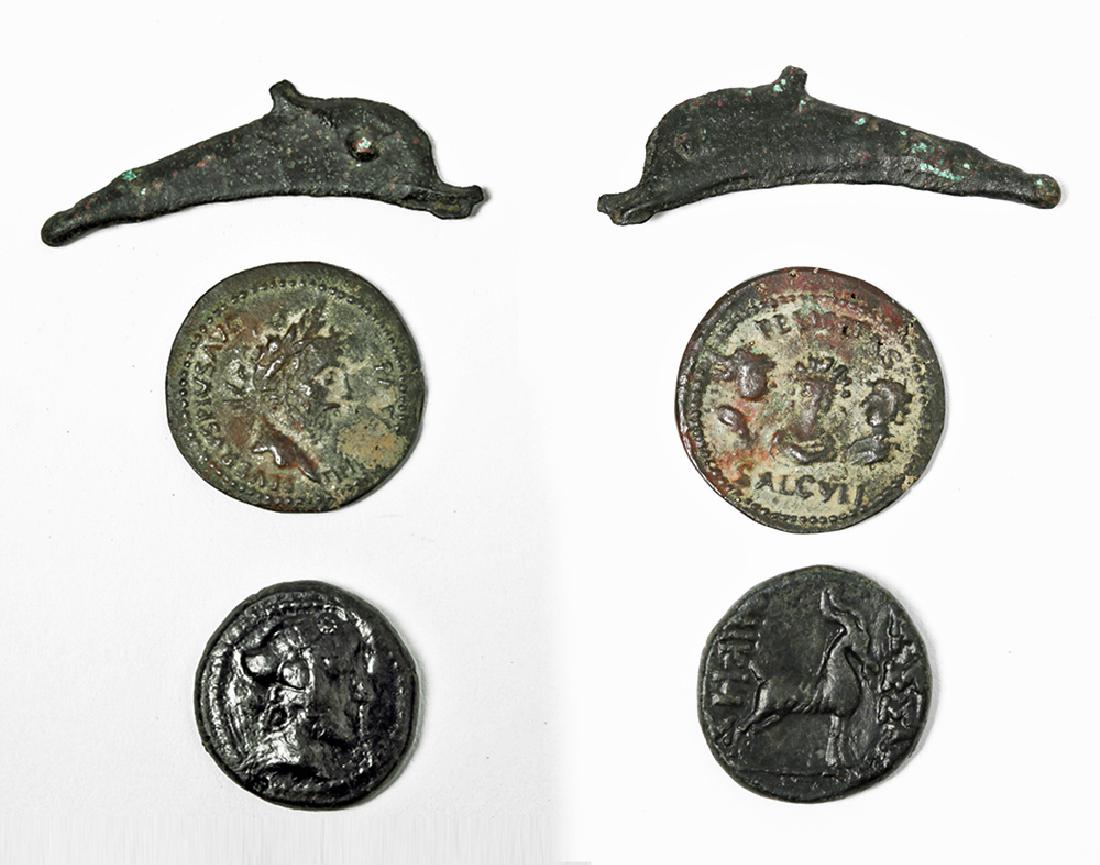Greek Bronze Dolphin of Olbia + 2 Roman Coins