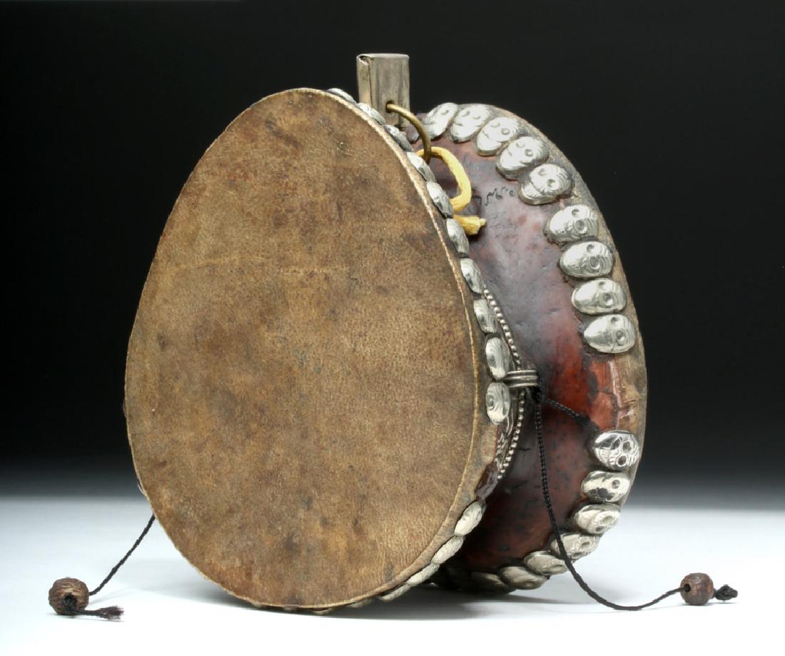 19th C. Tibetan Double Skull And Skin Damaru Drum