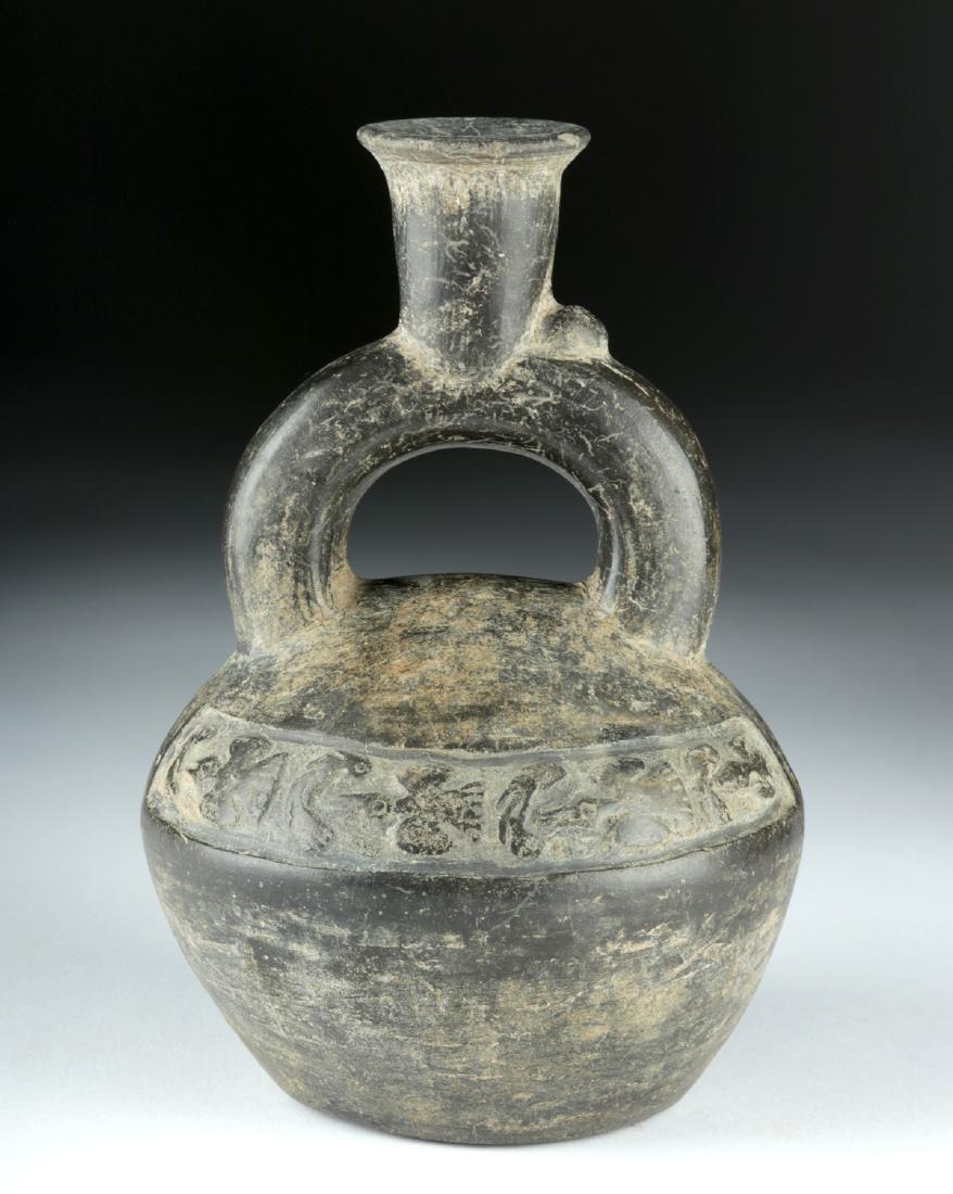 Chimu Blackware Stirrup Vessel - Birds & Fish