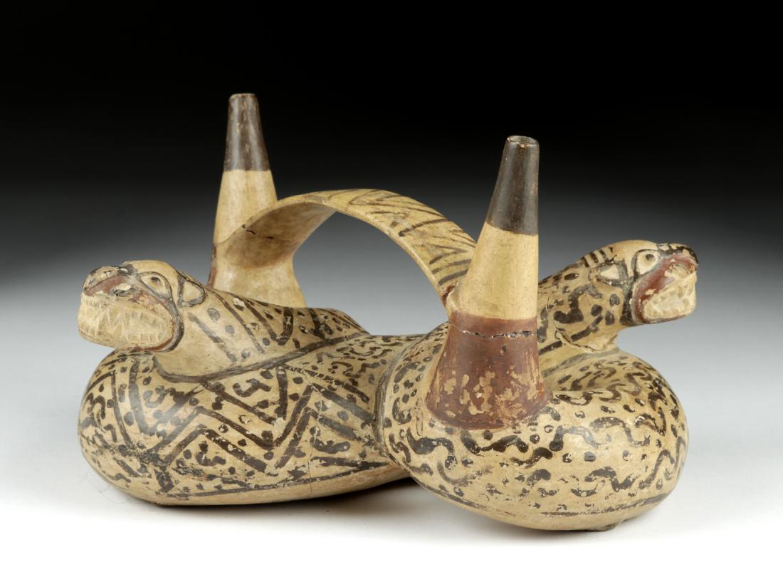 Rare Nazca Stirrup Vessel - Dual Jaguars / Snakes