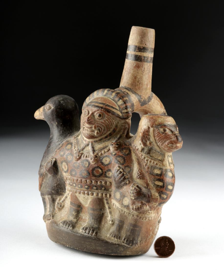 Moche Pottery Stirrup Vessel - Ai Apec, Bird, & Monkey