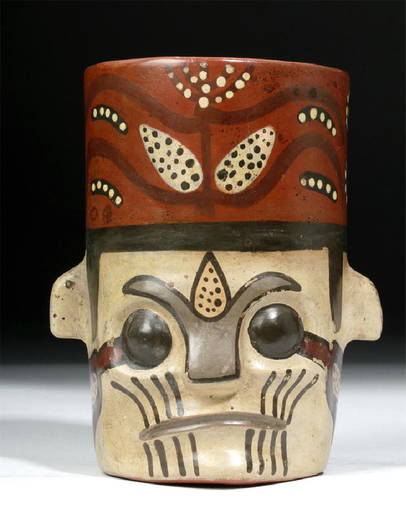 Superb Nazca Pottery Kero Trophy Head W/ Corn Stalks