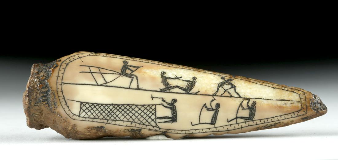 Early 20th C. Inuit Fossil Tooth w/ Etched Figures