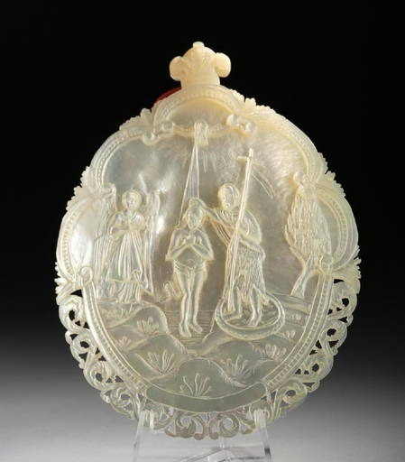 19th C. Victorian Carved Oyster Shell W/ Jesus Christ