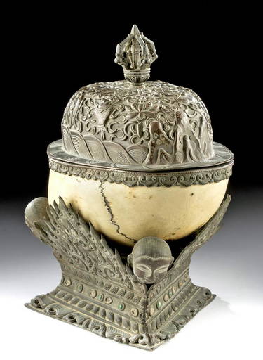 19th C Tibetan Human Skull Kapala W/ Turquoise & Copper