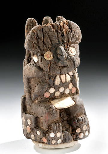 Moche Carved Wood Sitting Lord W/ Shell Inlays