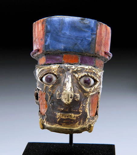 Huari Wood Poporo Head W/ Gold & Inlays (lapis & Shell)