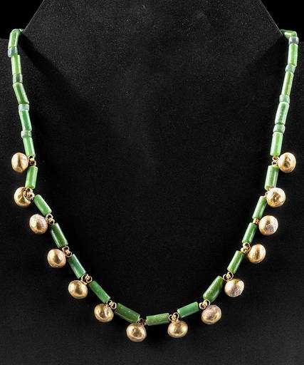 1st C. Gandharan 22k+ Gold & Greenstone Bead Necklace
