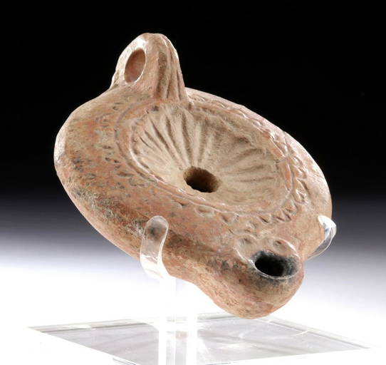 Large Roman Pottery Oil Lamp W/ Floral Motif