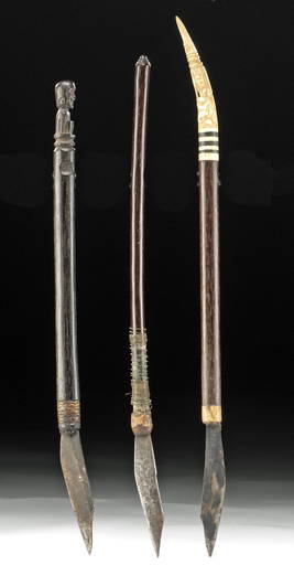 Lot Of 3 Late 19th C. Dayak Wood & Iron Pisau Raut