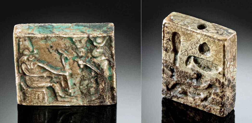 Egyptian Glazed Steatite Pendant Hathor & Horus