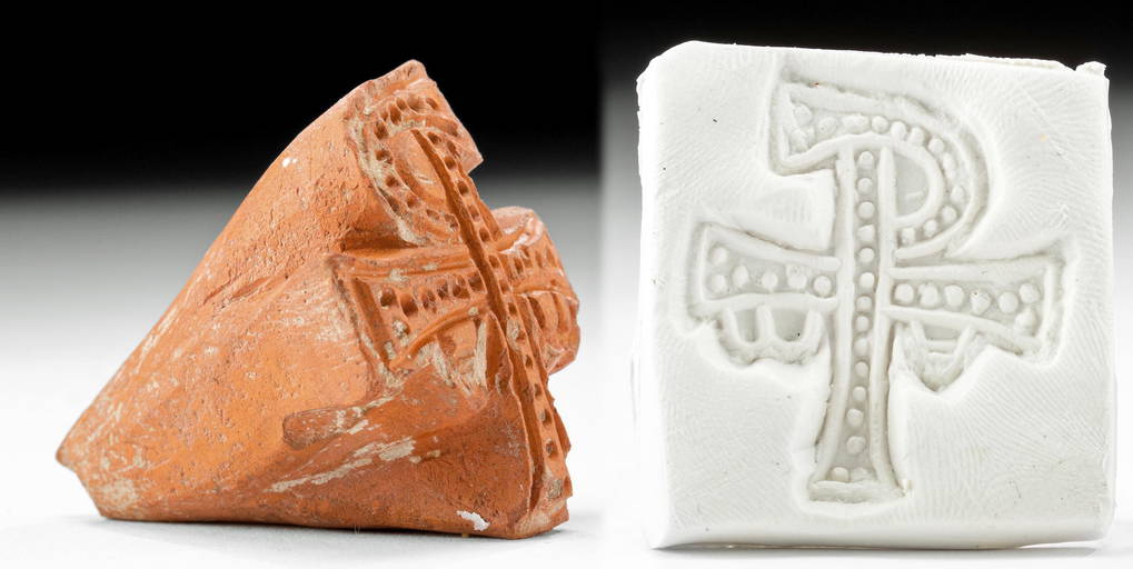 Rare Roman Redware Pottery Stamp With Chi Rho