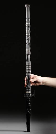 20th C. Polynesian Carved Wood Staff W/ Shell Inlay