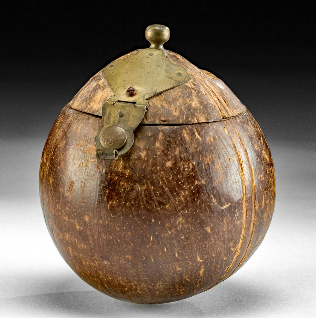 Antique English Coconut Vessel w/ Brass Hinge & Latch - May 13, 2021 | Artemis Gallery in CO