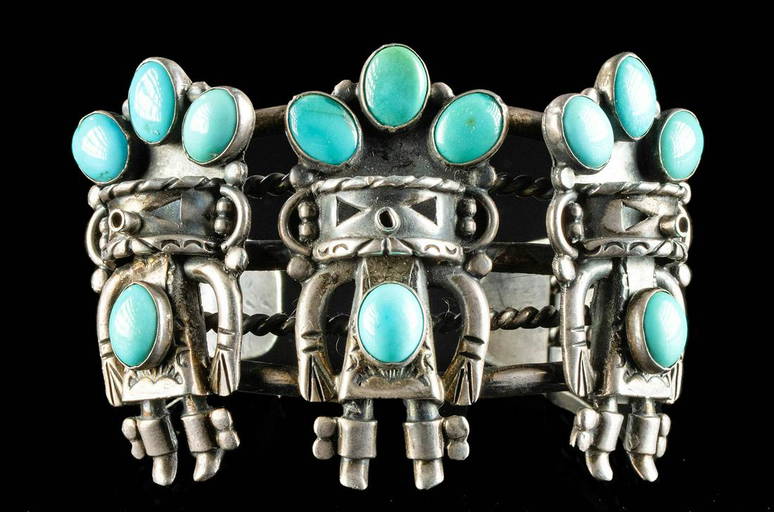 Vintage Hopi Silver & Turquoise Cuff W/ Kachinas