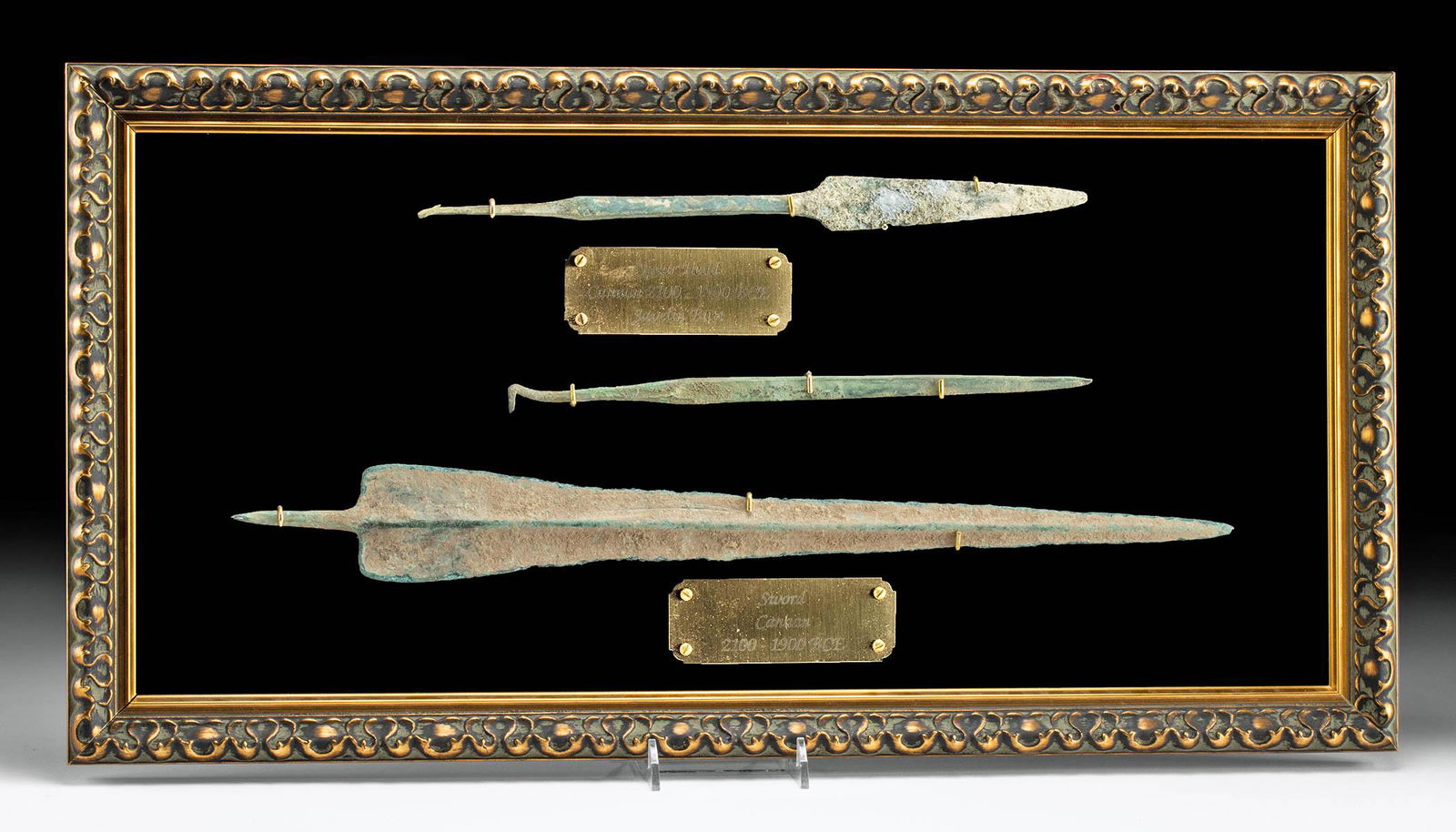 Framed Canaanite Copper Spear, Javelin, & Bronze Sword