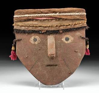 Antique Pre Columbian Chancay Painted Wood And Textile Funerary Bundle Mask