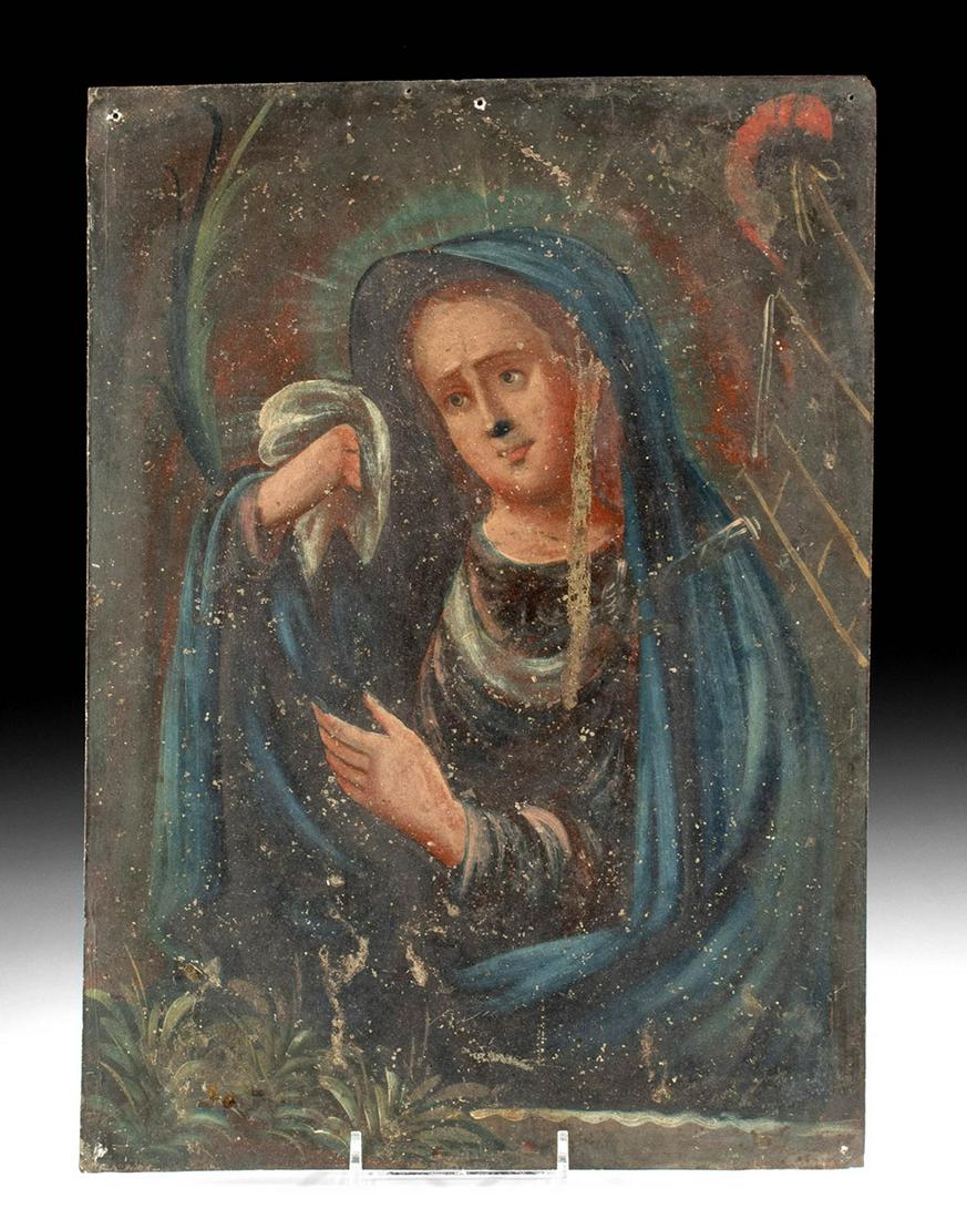 19th C. Spanish Colonial Tin Retablo, Mater Dolorosa | Barnebys
